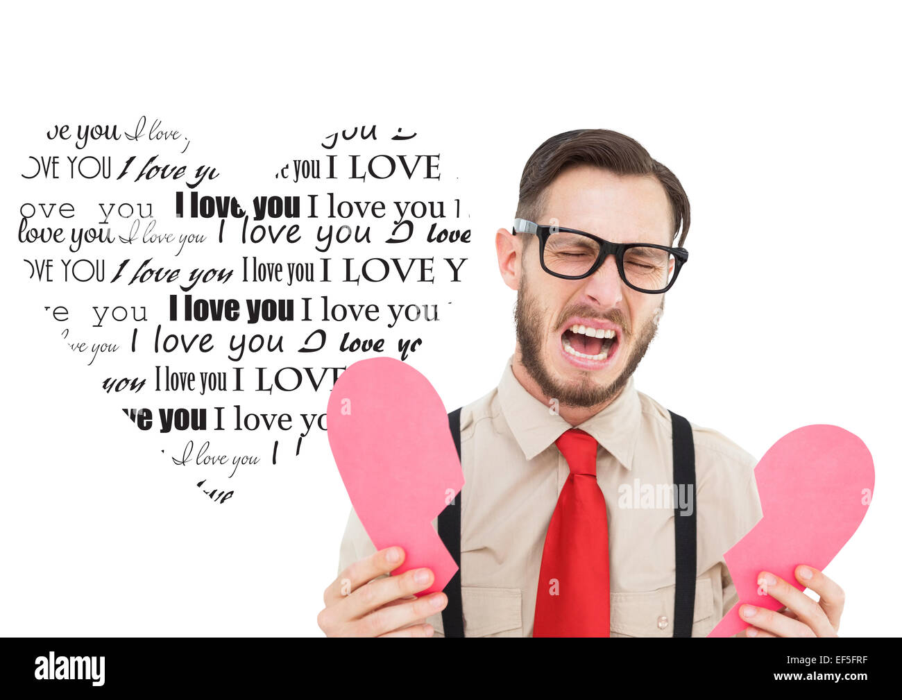 Composite image of geeky hipster crying and holding broken heart card ...