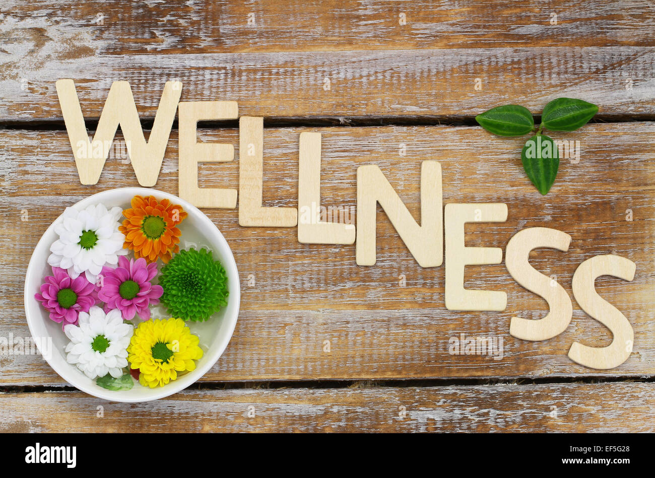 Wellness written with wooden letters and santini flowers on rustic ...