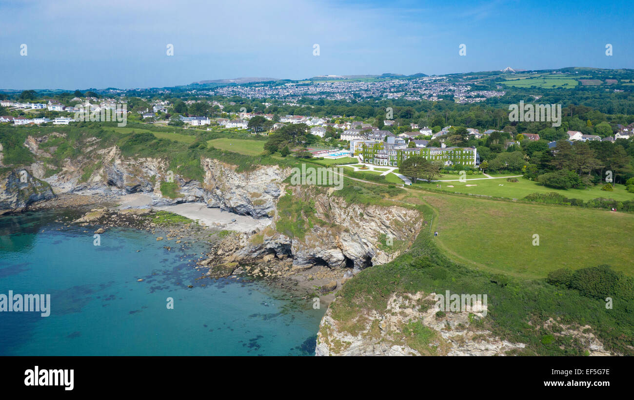 An aerial view of Carlyon bay and hotel in Cornwall Devon Stock Photo ...