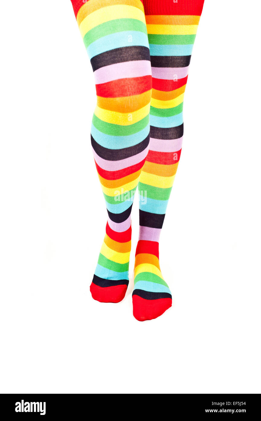 woman legs wearing rainbow colorful knee high socks, isolated Stock ...