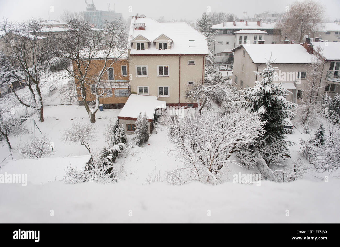 Backyard house winter view from window Stock Photo - Alamy