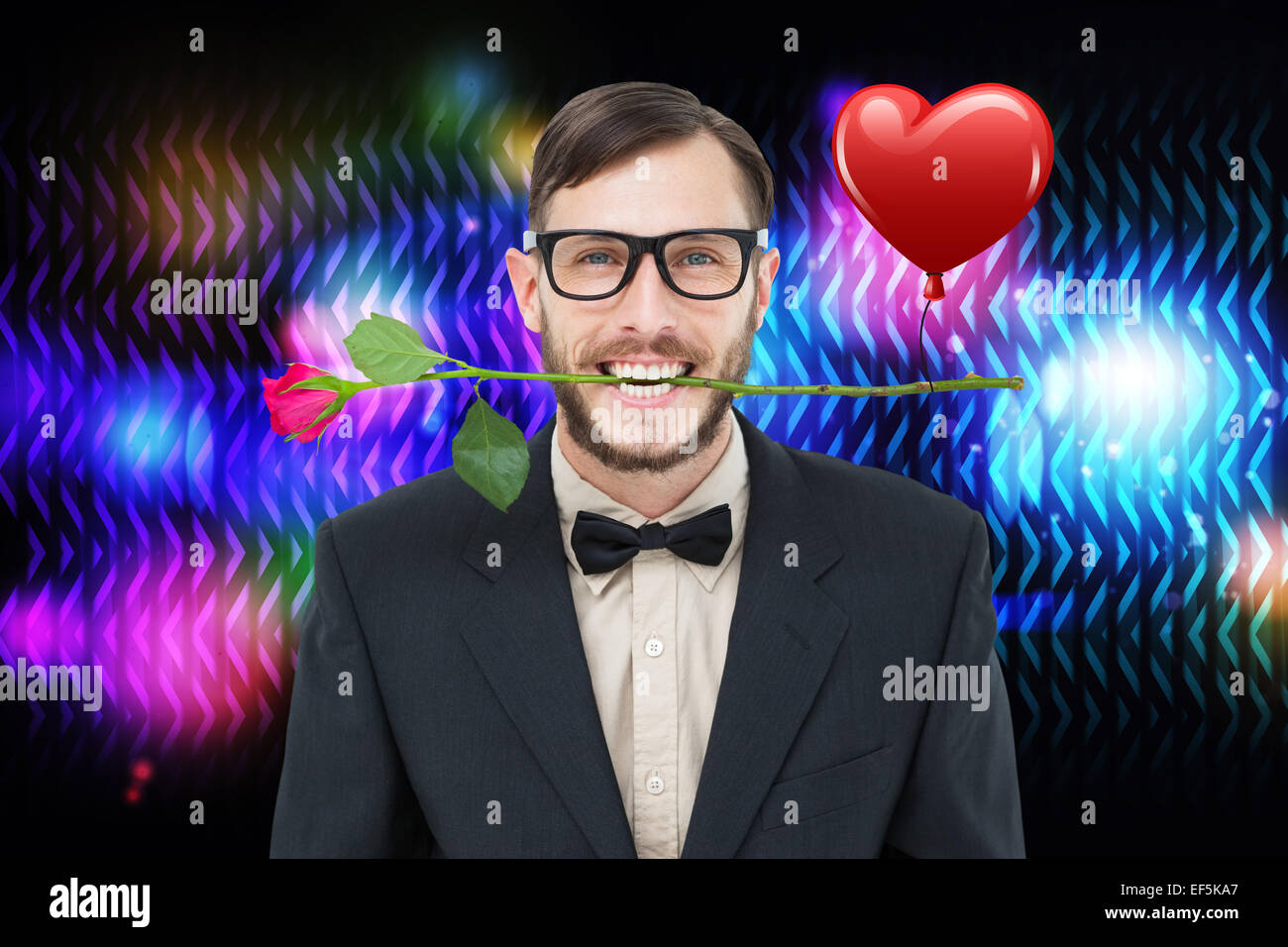 Composite image of geeky hipster holding rose between teeth Stock Photo ...