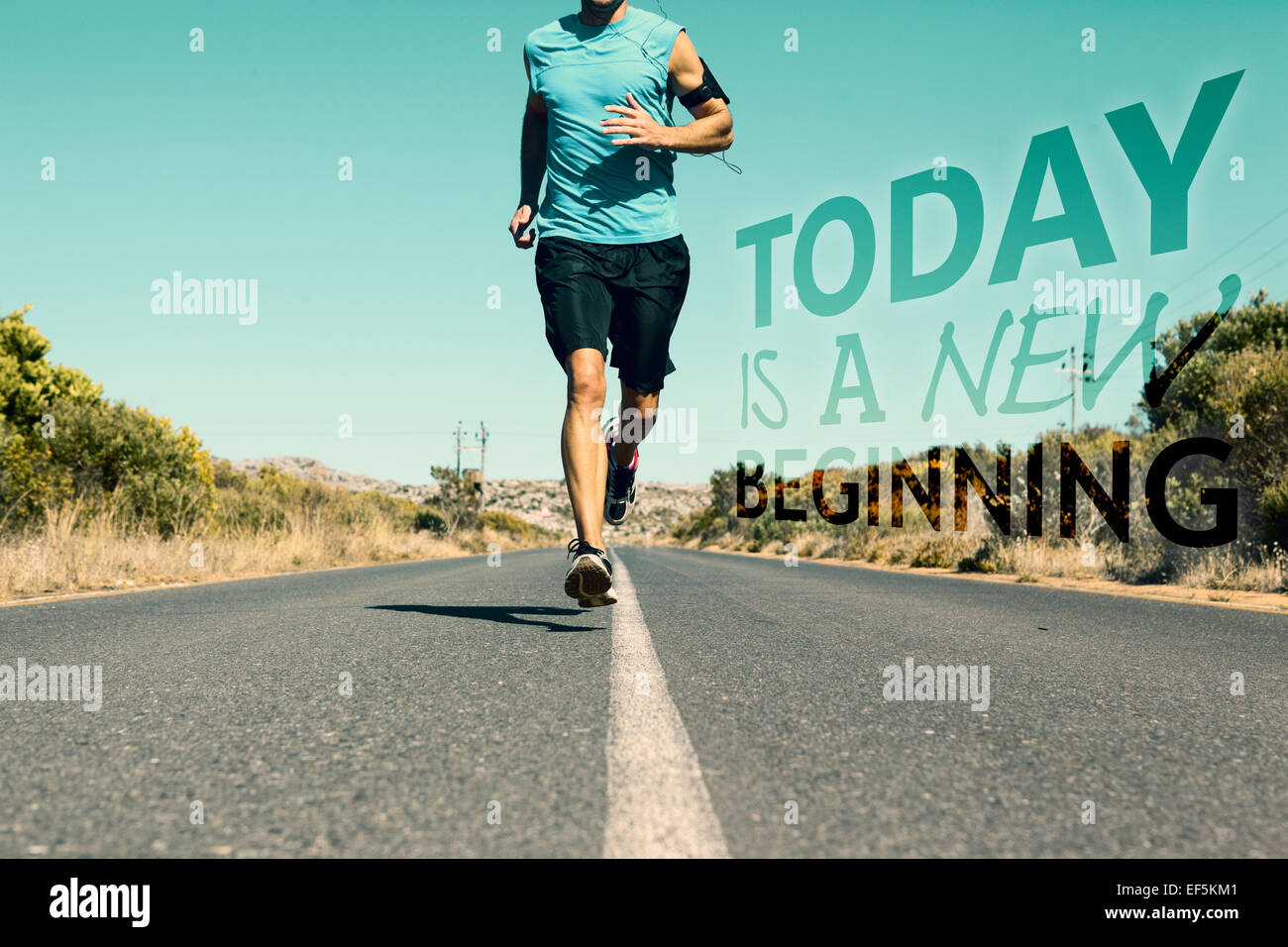 Composite image of athletic man jogging on open road Stock Photo - Alamy