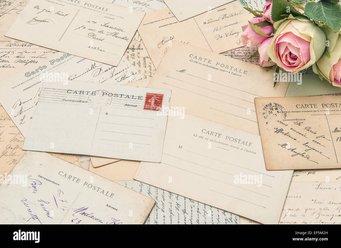 vintage postcards and soft rose flowers. nostalgic sentimental ...