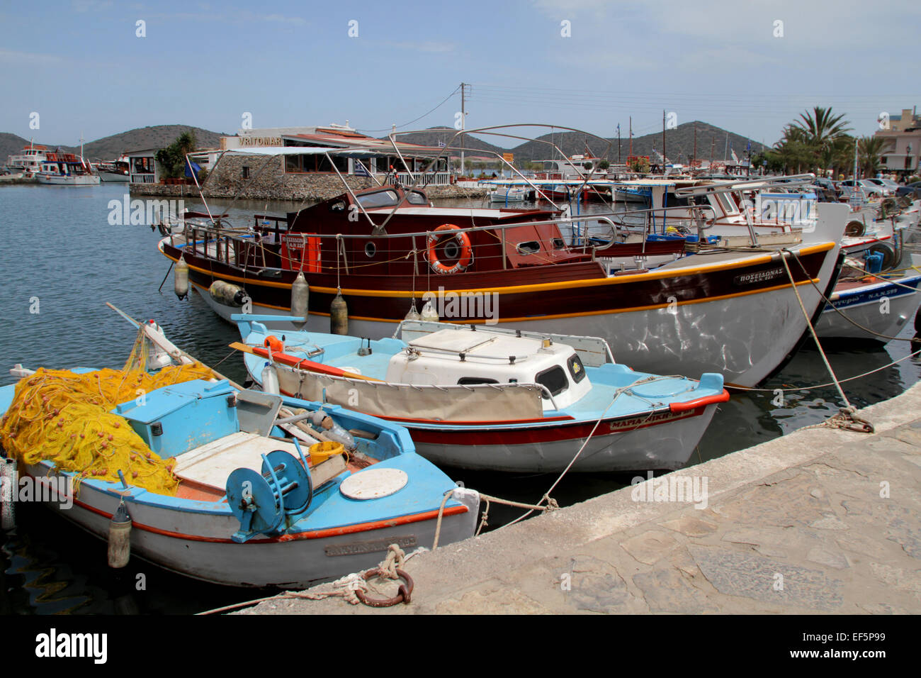 FISHING BOATS IN HARBOUR ELOUNDA CRETE GREECE 03 May 2014 Stock Photo ...