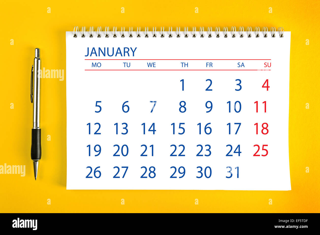 January Paper Calendar Page with Spiral Binding as Time Management and ...