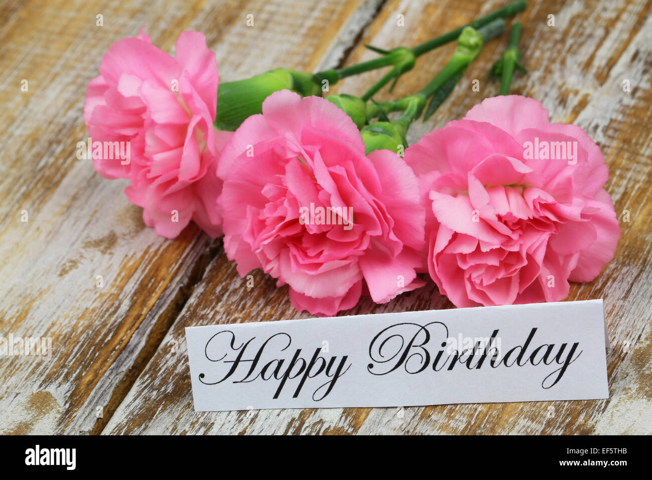 Happy birthday card with pink carnations on rustic wooden surface Stock ...