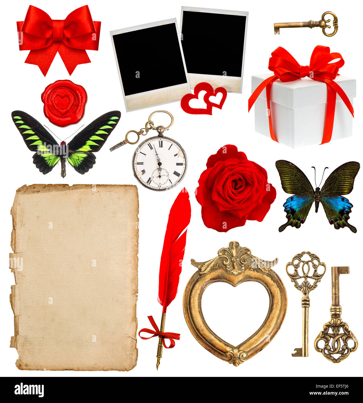 objects for scrapbooking. letter paper, antique clock, key, photo and ...