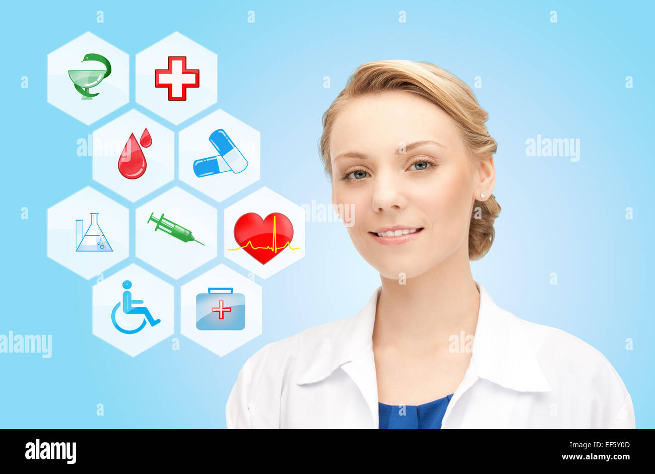 smiling doctor over medical icons blue background Stock Photo - Alamy