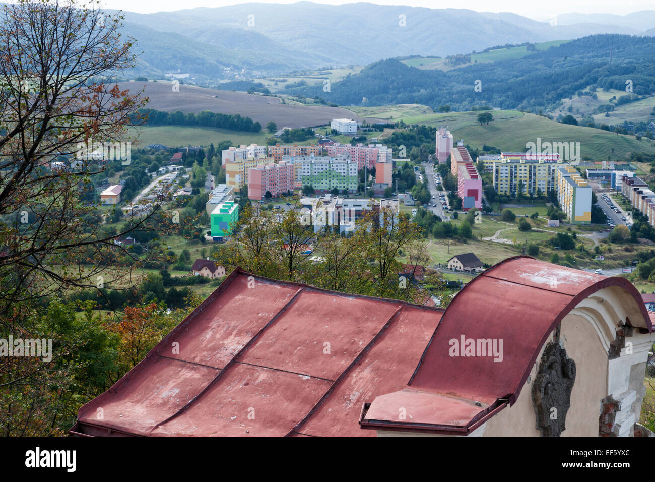 Aerial view of distant Communist block apartment buildings painted ...