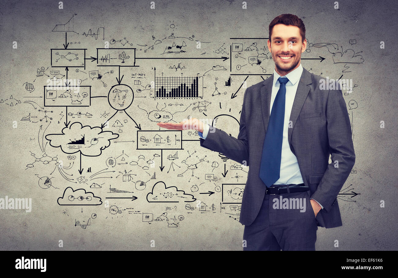 man showing something big plan on concrete wall Stock Photo - Alamy