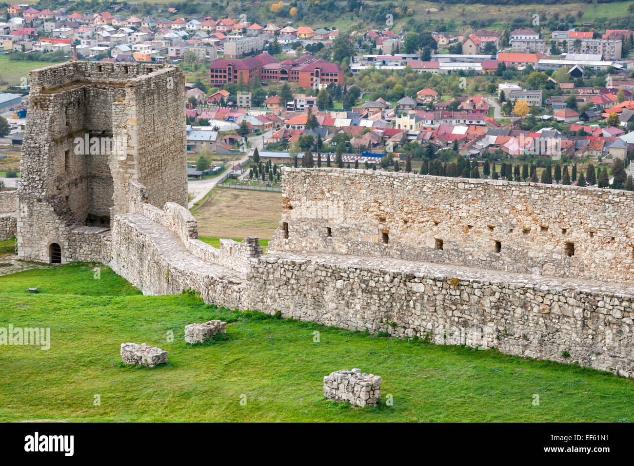 Colorful red roofs of town below stone fortress of Spis castle, Levoca ...
