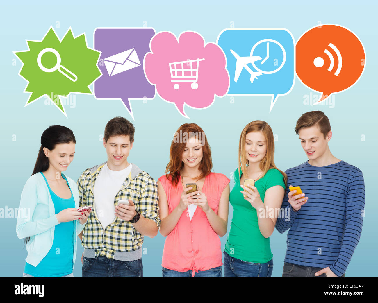 happy friends with smartphones Stock Photo - Alamy