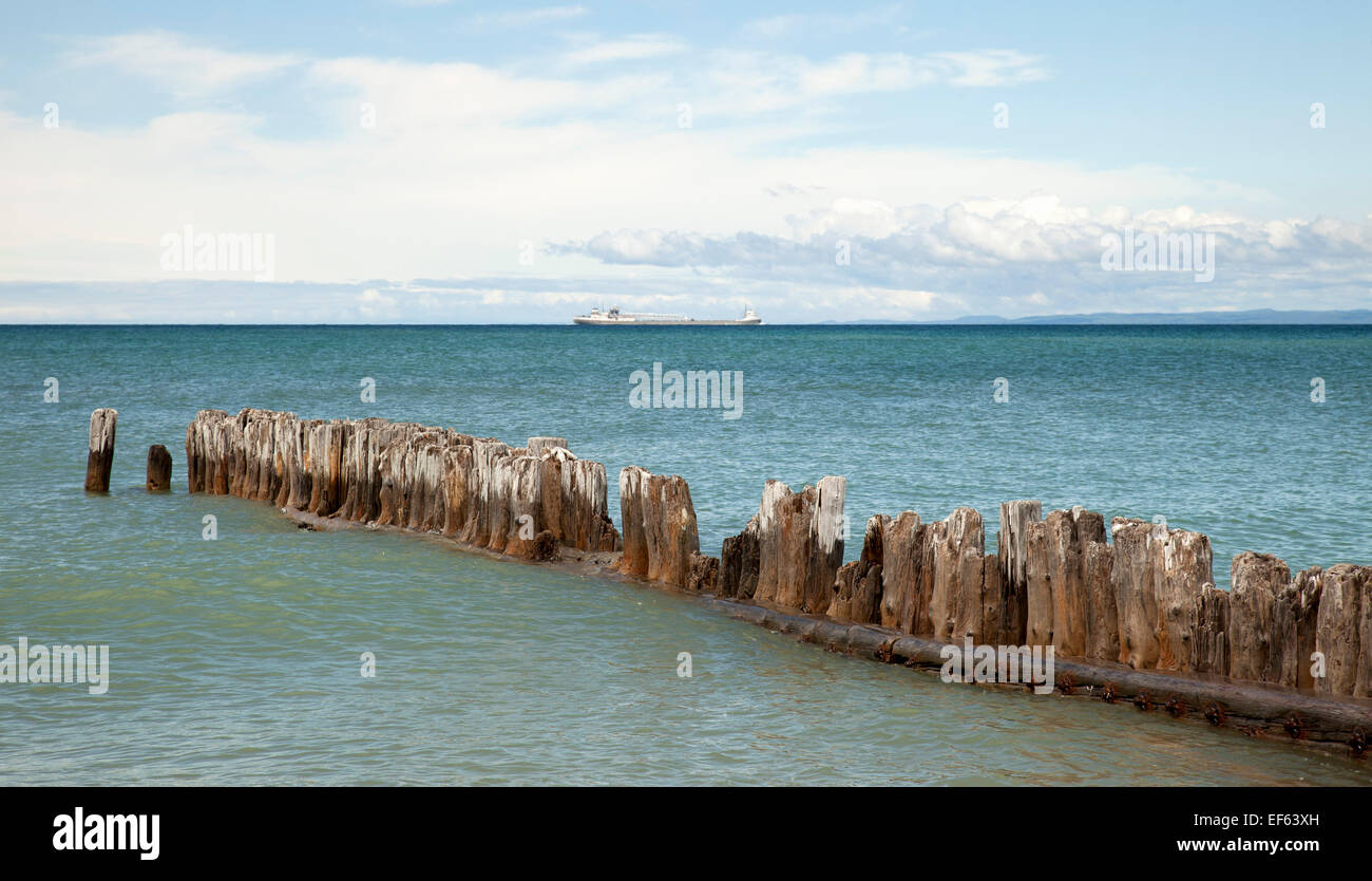 Remnants of an old pier at Whitefish Point in upper Michigan, with a ...