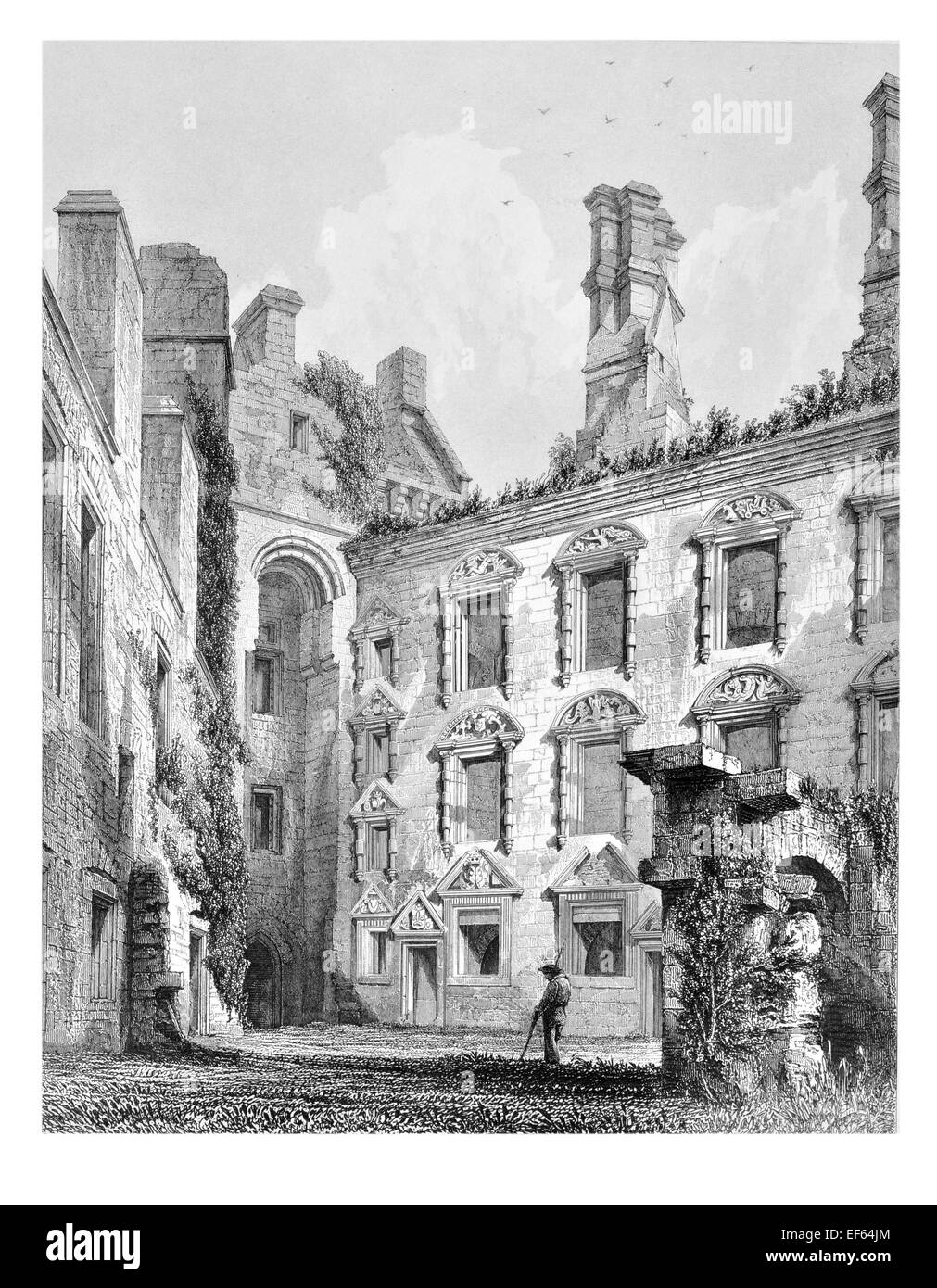 1852 Caerlaveroc moated triangular Castle Dumfries Courtyard Stock ...