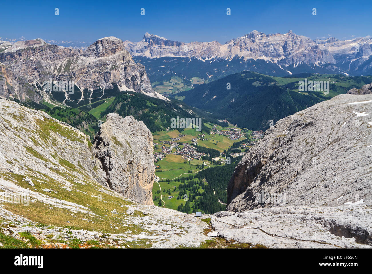 aerial view of Badia Valley with Colfosco village from Sella mount ...