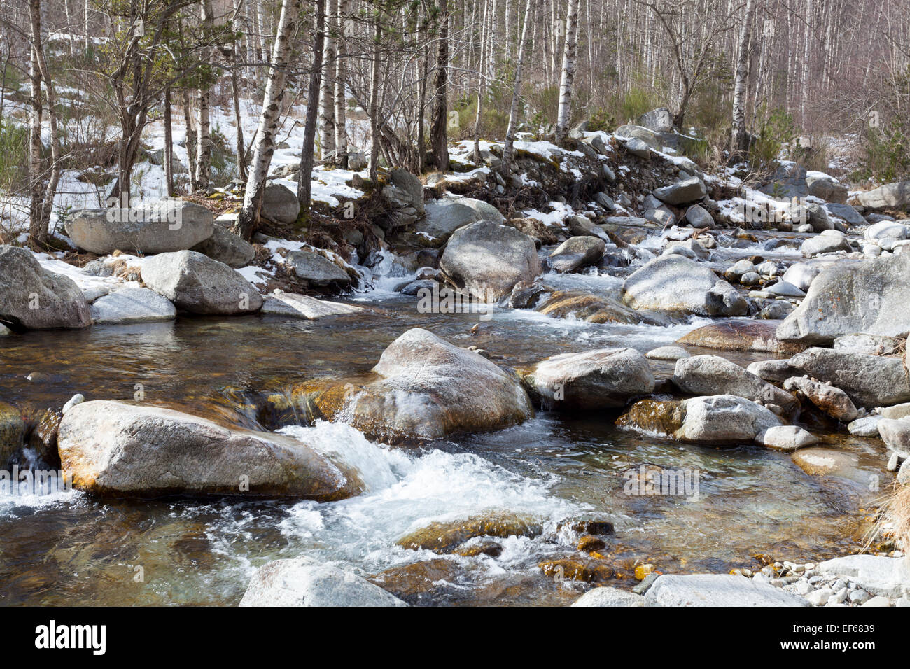 Snow-covered landscape and river with moving water Stock Photo - Alamy
