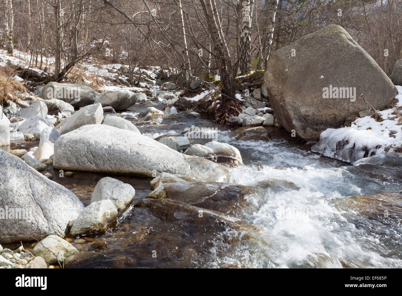 Snow-covered landscape and river with moving water Stock Photo - Alamy