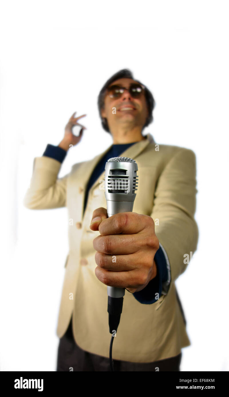 blurred interviewer holding a microphone over white background Stock ...