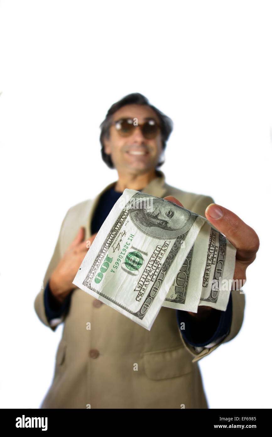 man holding dollar banknotes over white background Stock Photo - Alamy