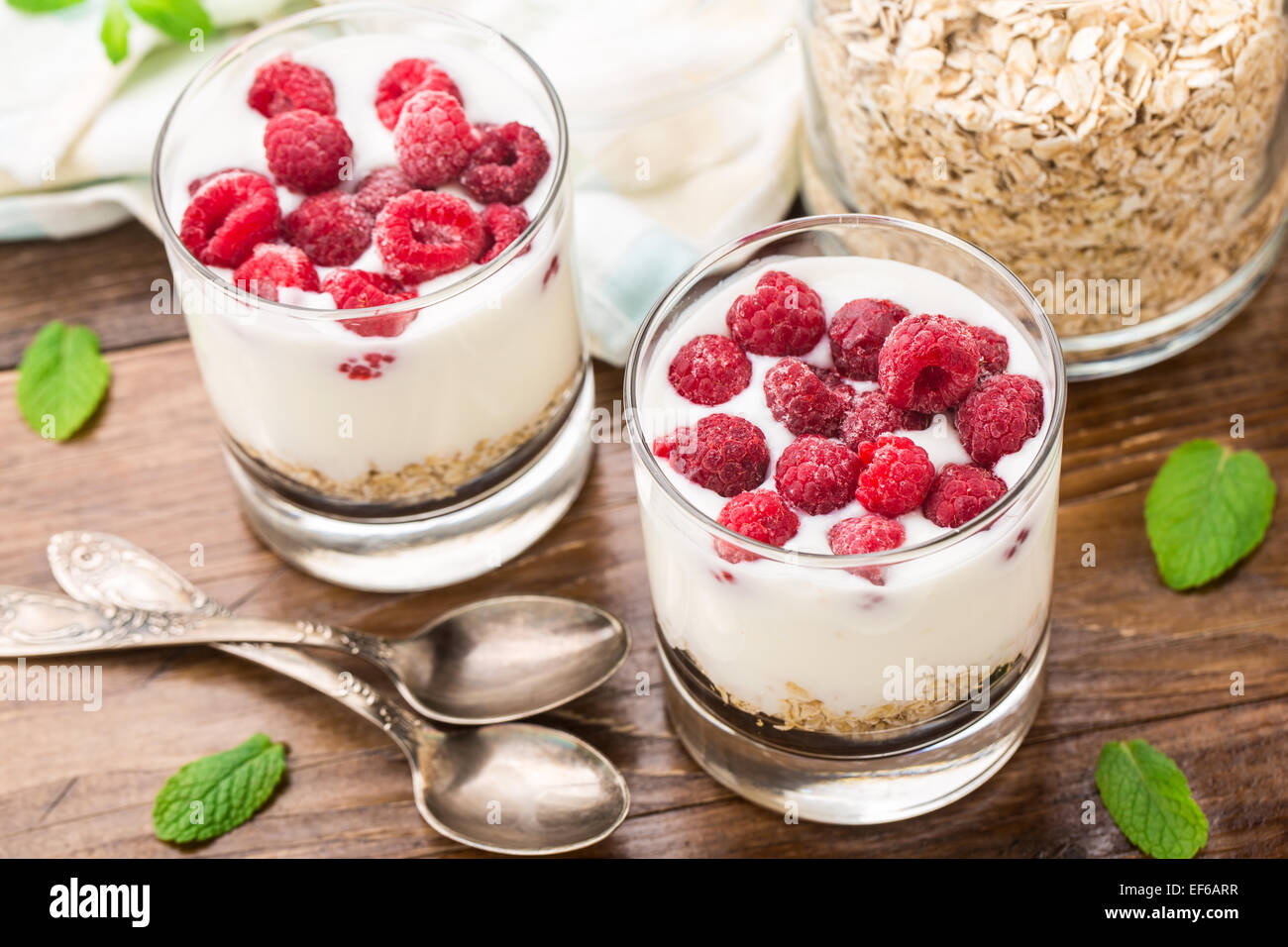 Yogurt with muesli and raspberries Stock Photo - Alamy