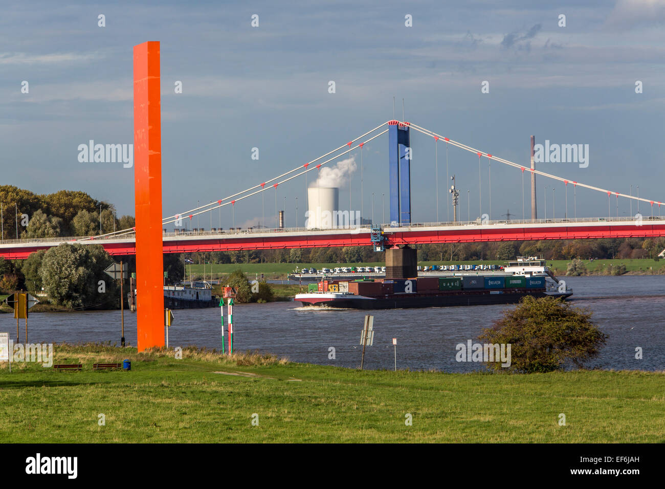 Estuary of river Ruhr into river Rhine, in Duisburg, Germany. Orange ...