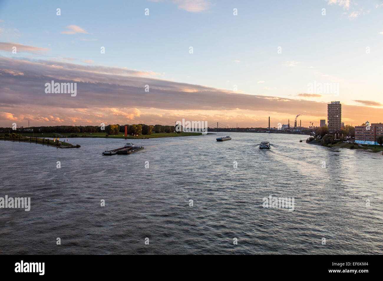 Estuary of river Ruhr into river Rhine, in Duisburg, Germany. Orange ...