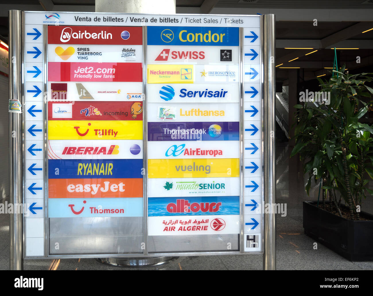 Information board with some of the airlines selling tickets at the ...