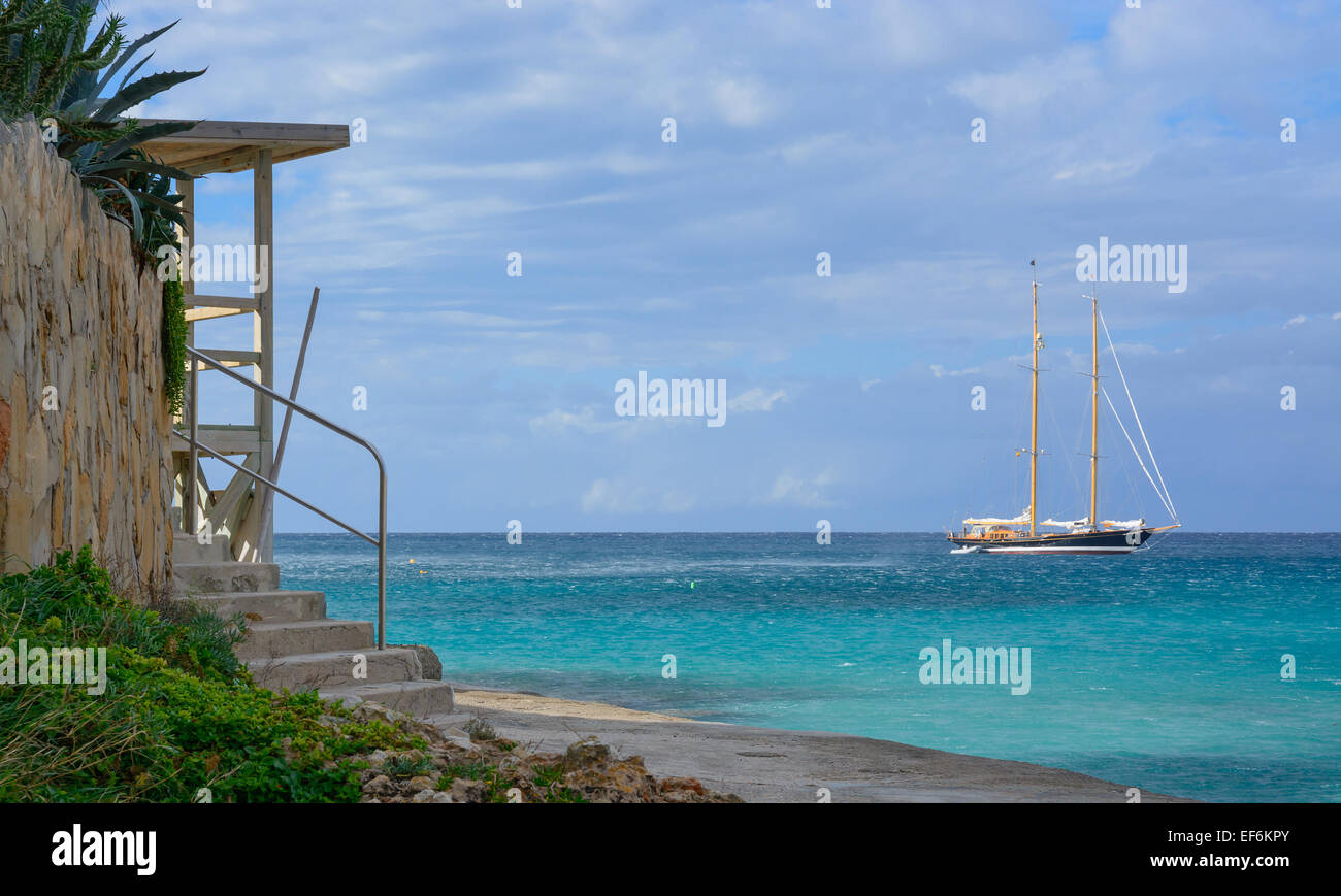 SANT ELM, MAJORCA, SPAIN - OCTOBER 31, 2013: Beautiful brig, two masted ...
