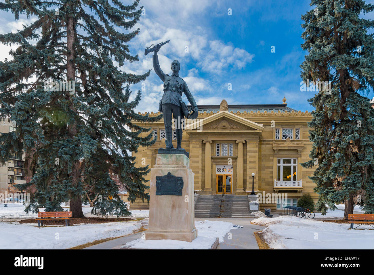 Library and World War soldier statue, Central Memorial Park, (Calgary's ...