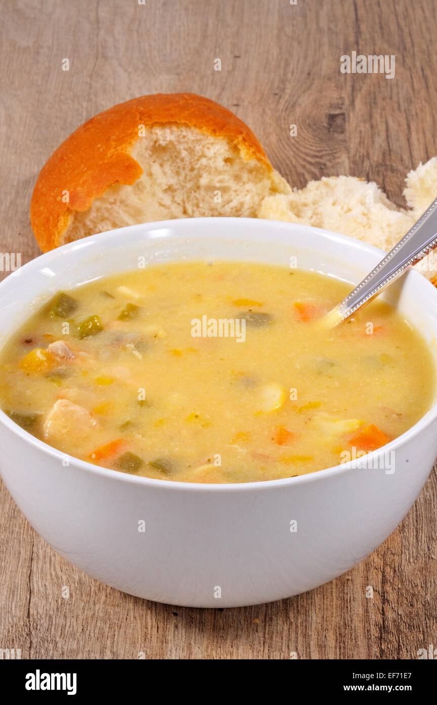 Fish chowder soup including smoked haddock, cod, salmon and vegetables ...