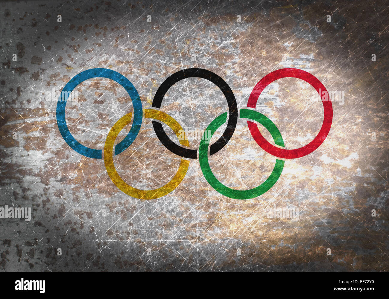 Old rusty metal sign with a flag - Olympic Rings Stock Photo - Alamy