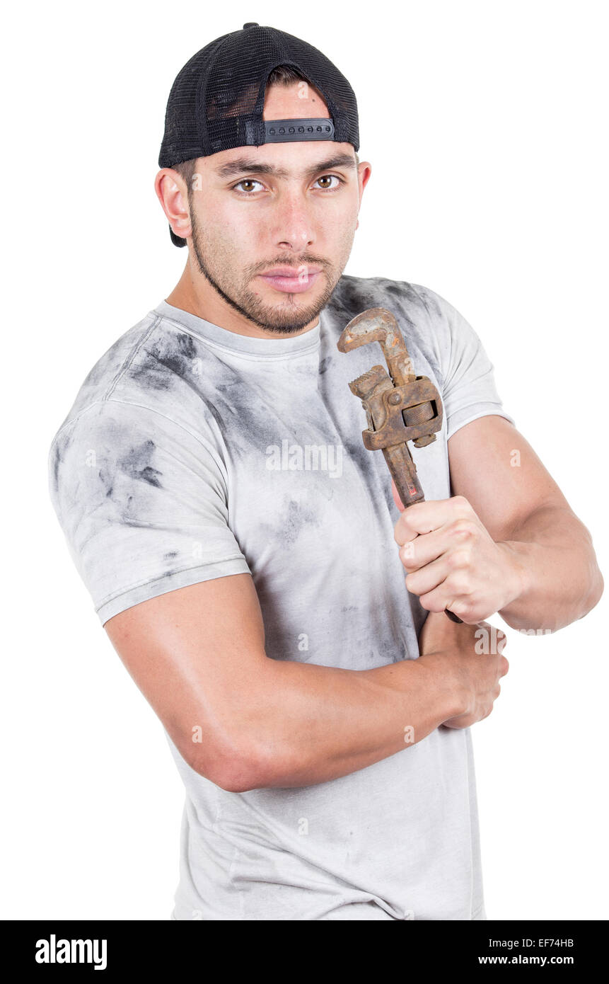 young muscular latin construction worker Stock Photo - Alamy