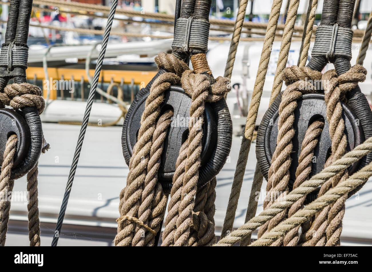 Blocks and tackles of a sailing vessel Stock Photo - Alamy