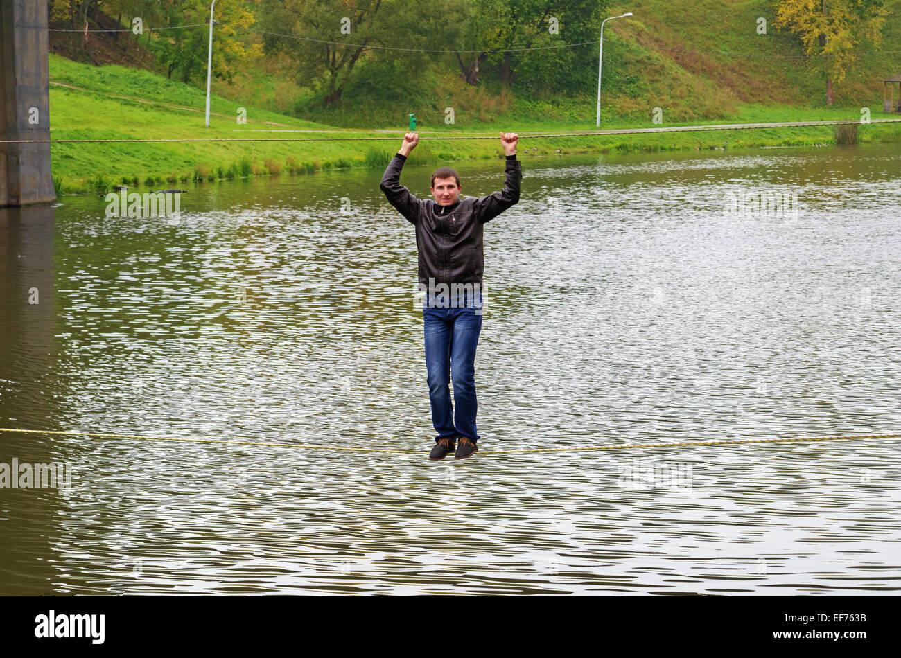 World Tourism Day.Sport tourism competition in park on the river Vitba ...