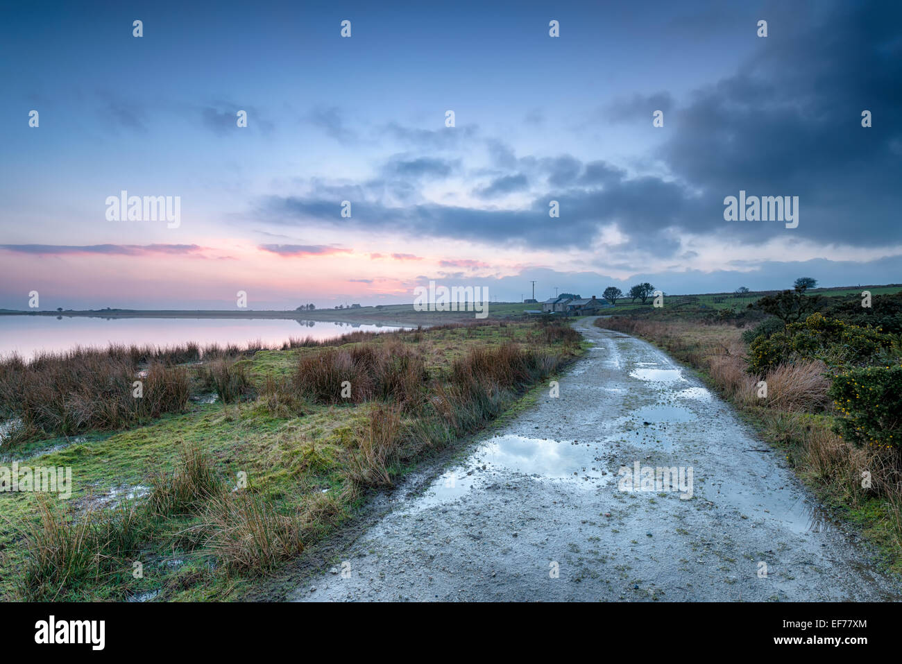 Night falls over cottages nestled by the waterside at Dozmary pool near ...