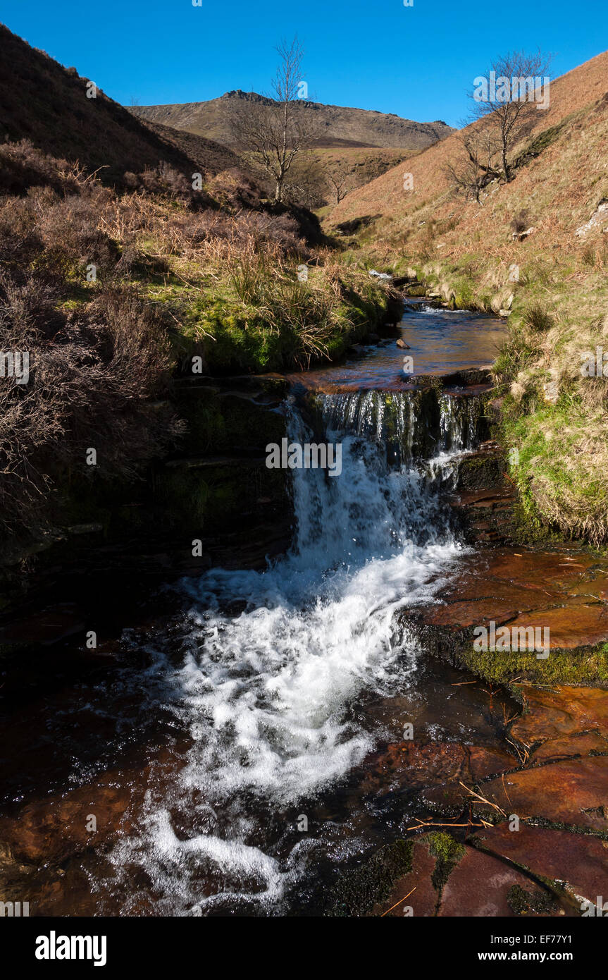 Waterfall at Fairbrook in the Peak District with view upstream towards ...