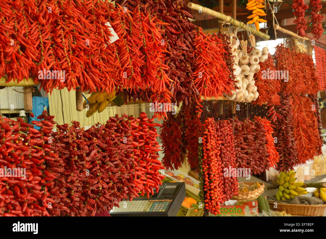 various chilli peppers on market stall Stock Photo - Alamy