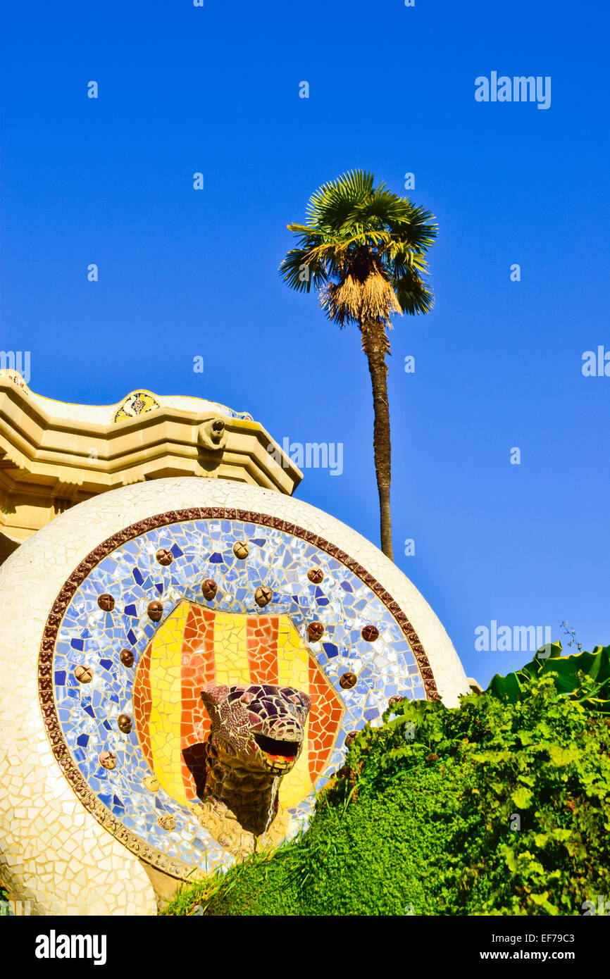 Mosaic dragon's head water fountain. Park Guell designed by Antoni ...