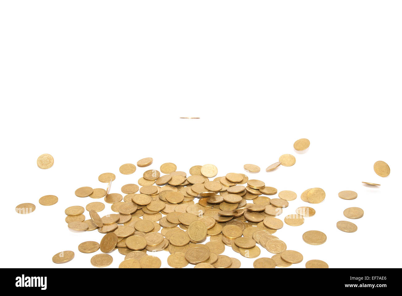 Rain of golden coins isolated on white Stock Photo - Alamy
