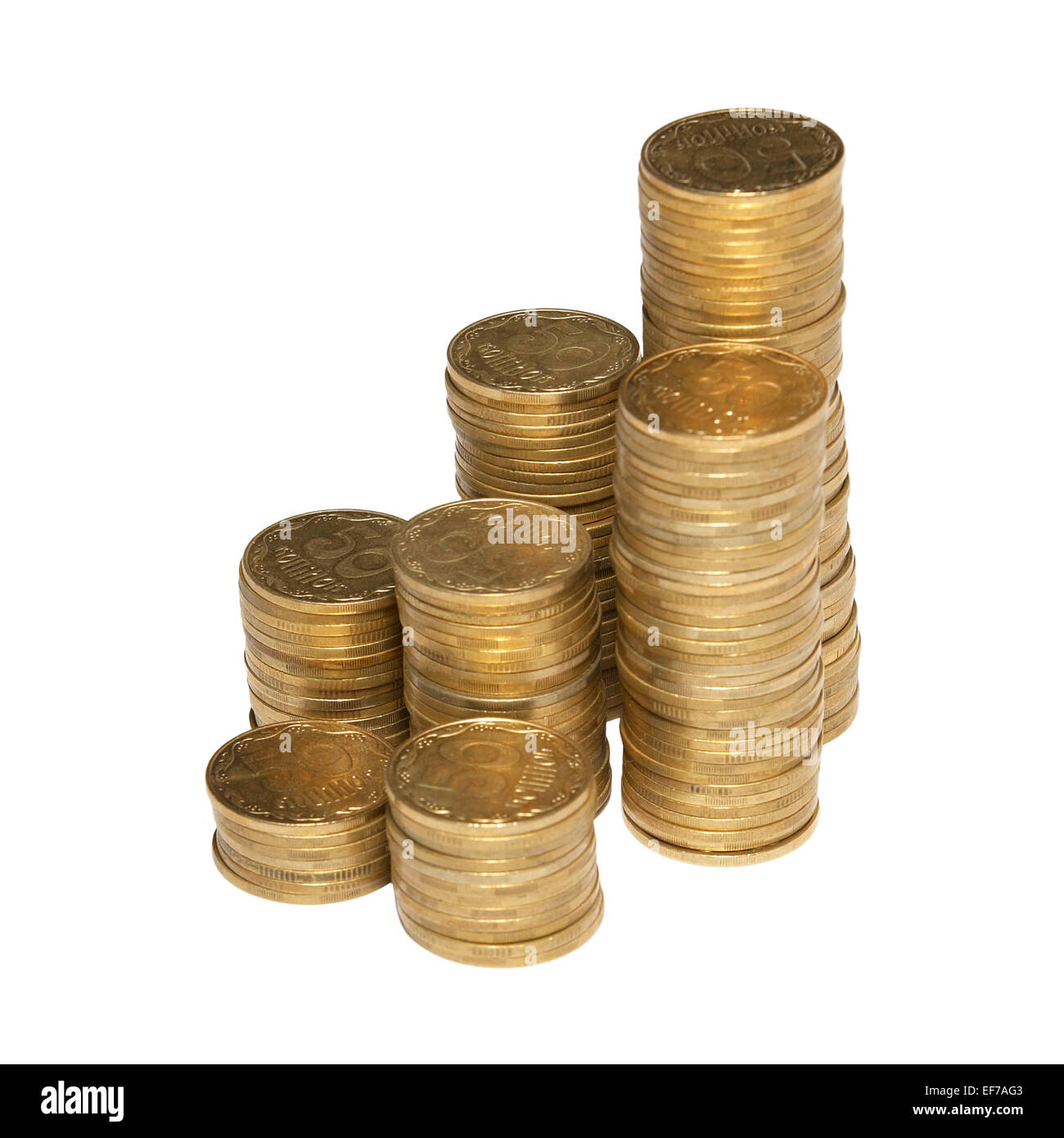 Column of golden coins isolated on white Stock Photo - Alamy