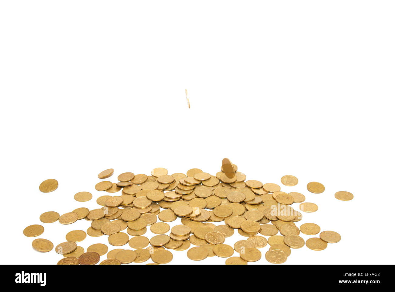 Rain of golden coins isolated on white Stock Photo - Alamy