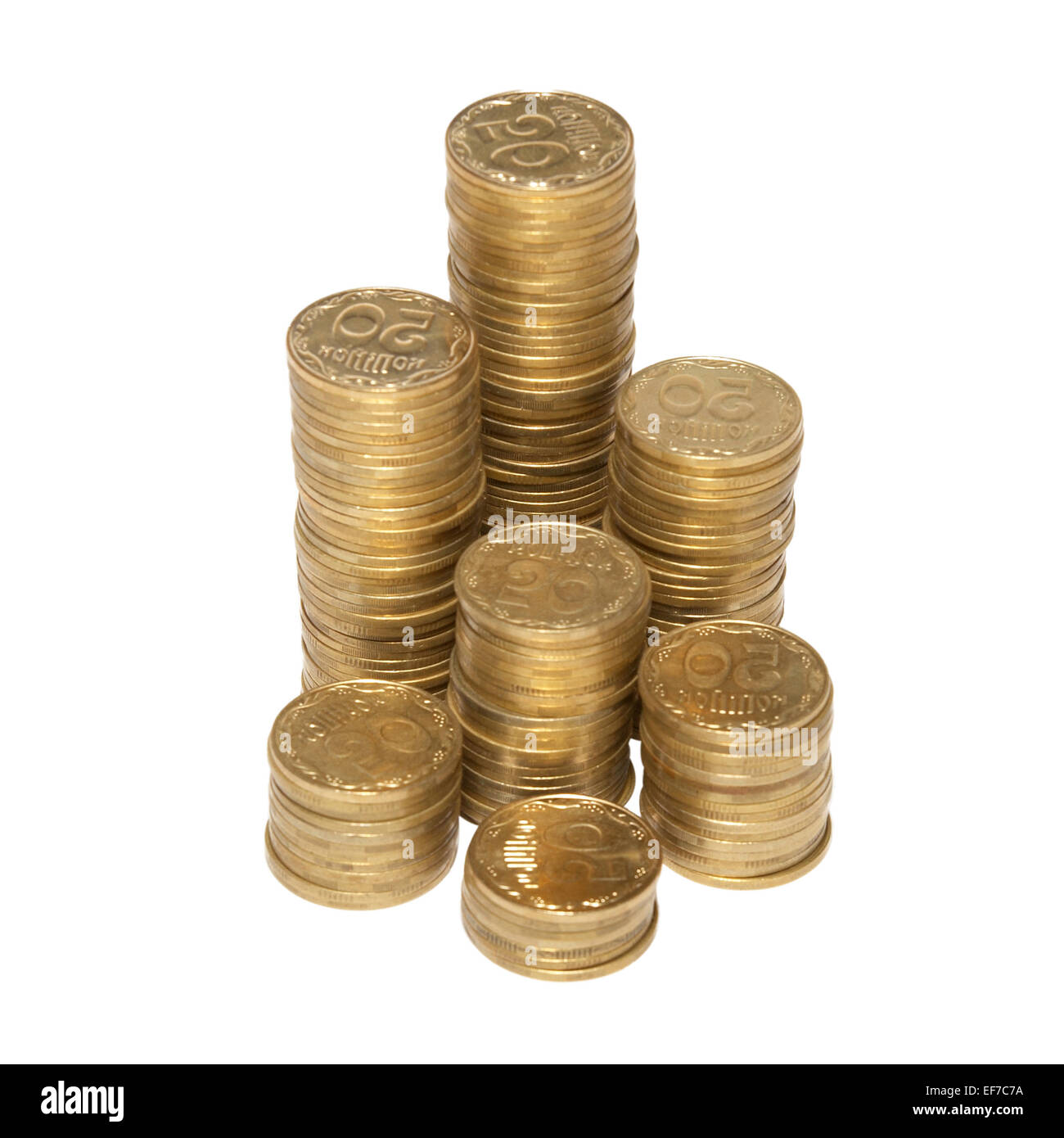 Column of golden coins isolated on white Stock Photo - Alamy