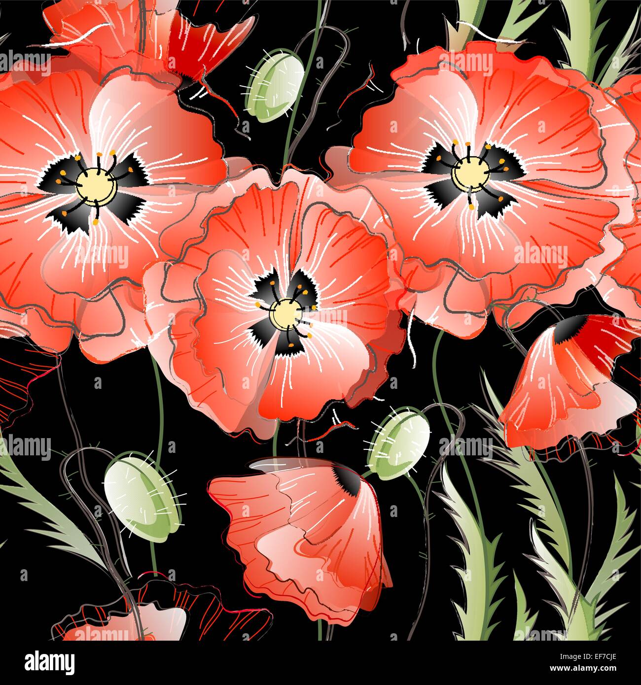 Vector seamless pattern with red gentle poppy flowers on the black ...