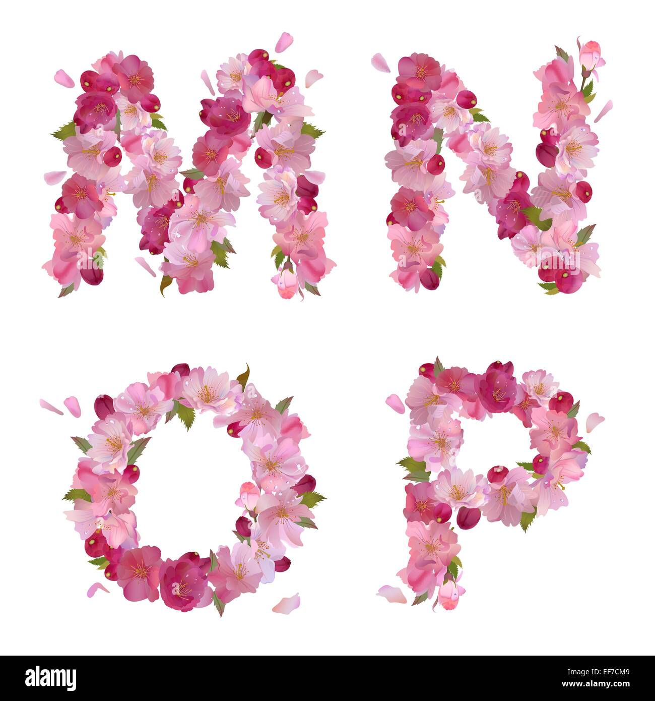 Vector spring alphabet with gentle pink sakura flowers letters M,N,O,P ...
