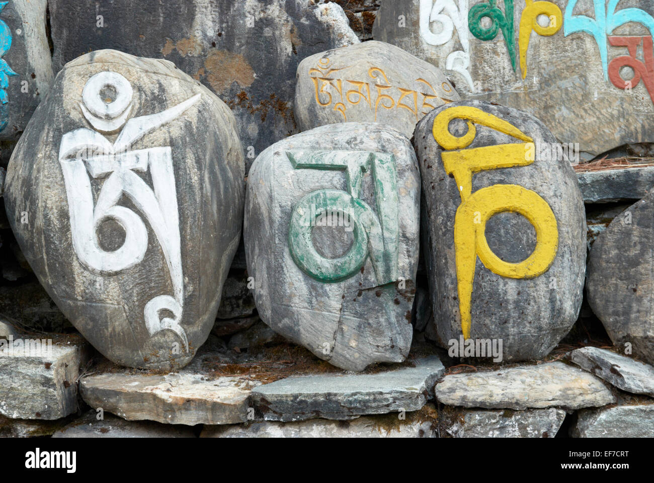 Tibetan colorful prayer stones with letters. Nepal Stock Photo - Alamy