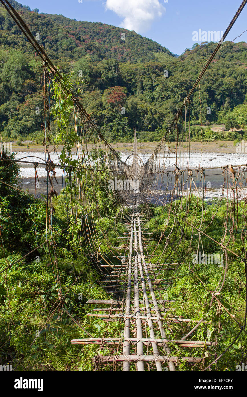 1000ft (300m) long suspension bridge over the siang river Stock Photo ...