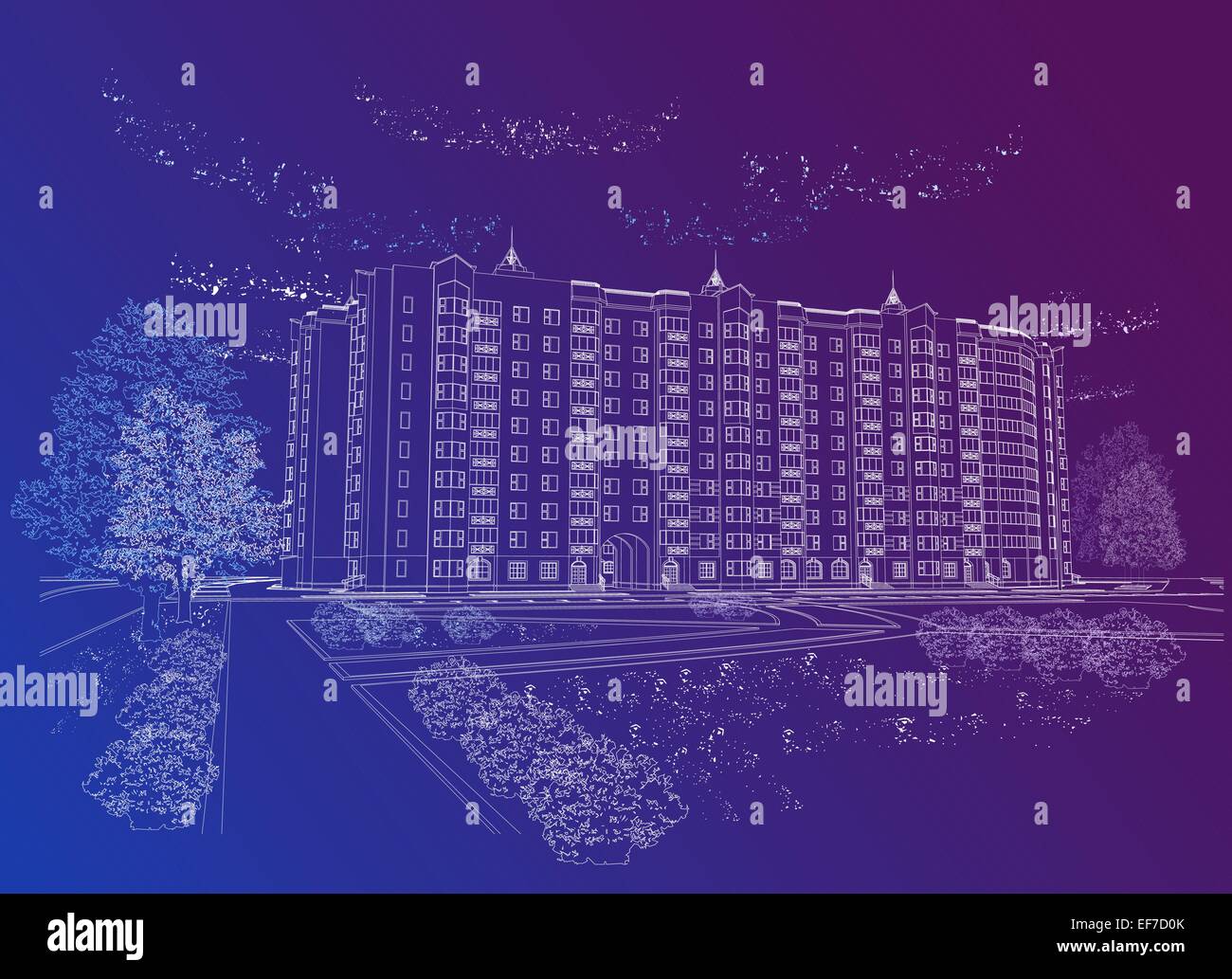 Vector beige linear architectural blue graphic background with building ...