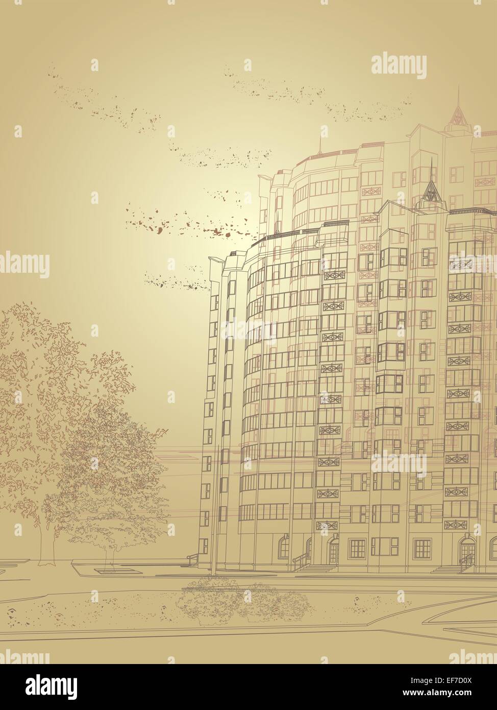 Vector beige linear architectural graphic background with building in ...