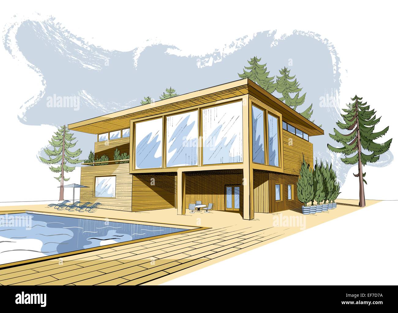 Vector ?colred sketch of modern suburban wooden house with swimming ...
